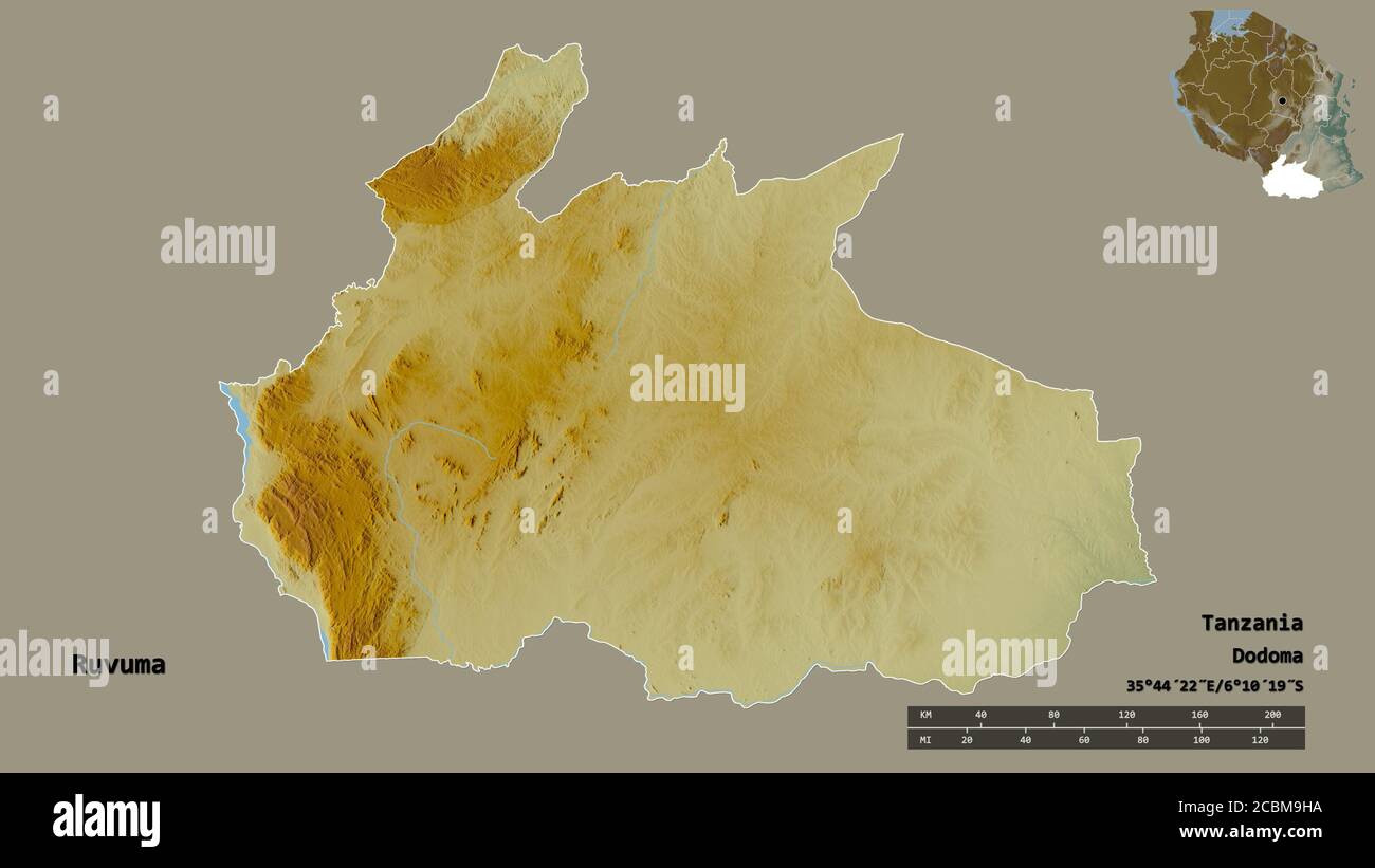 Shape of Ruvuma, region of Tanzania, with its capital isolated on solid ...