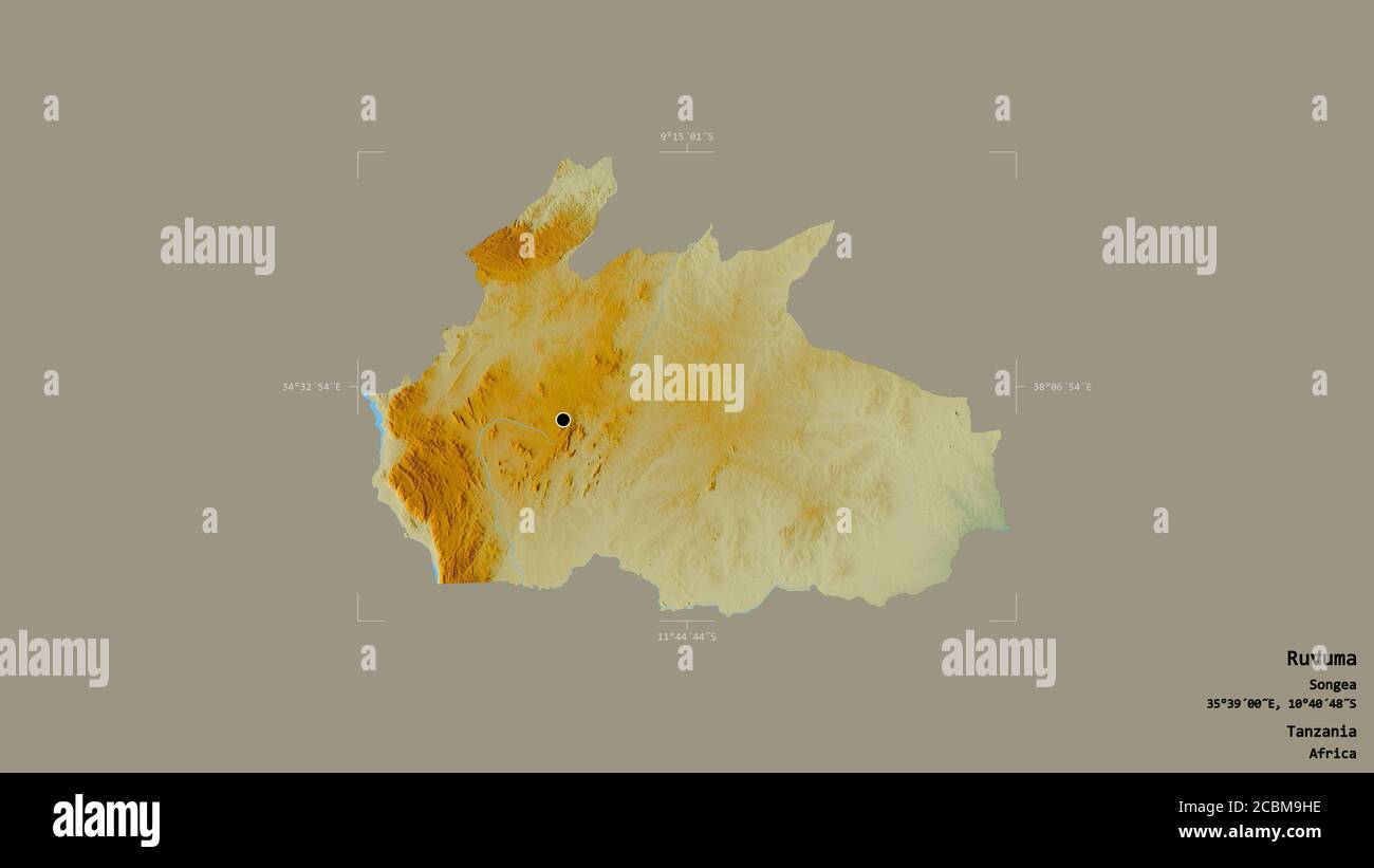 Area of Ruvuma, region of Tanzania, isolated on a solid background in a ...