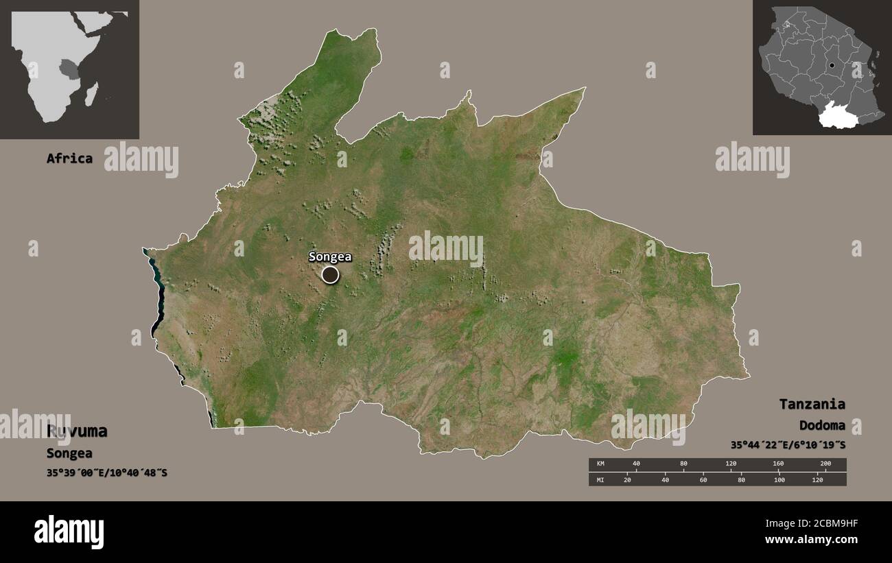 Shape of Ruvuma, region of Tanzania, and its capital. Distance scale ...