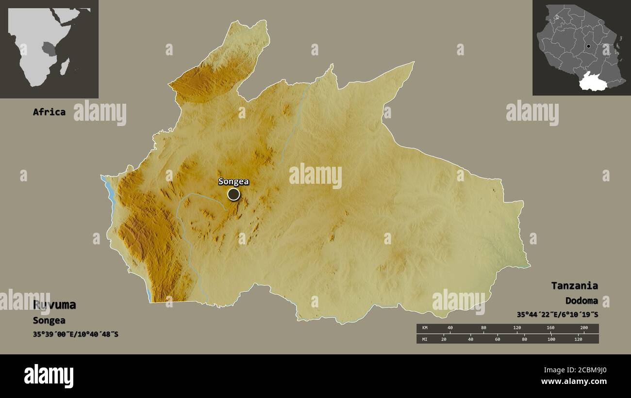 Shape of Ruvuma, region of Tanzania, and its capital. Distance scale ...