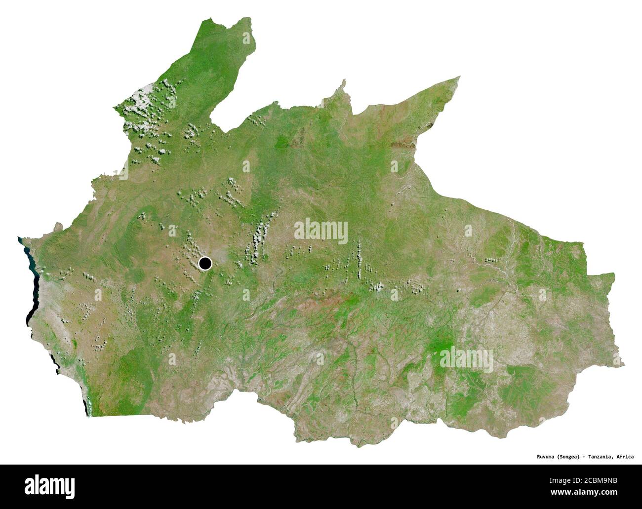 Shape of Ruvuma, region of Tanzania, with its capital isolated on white ...