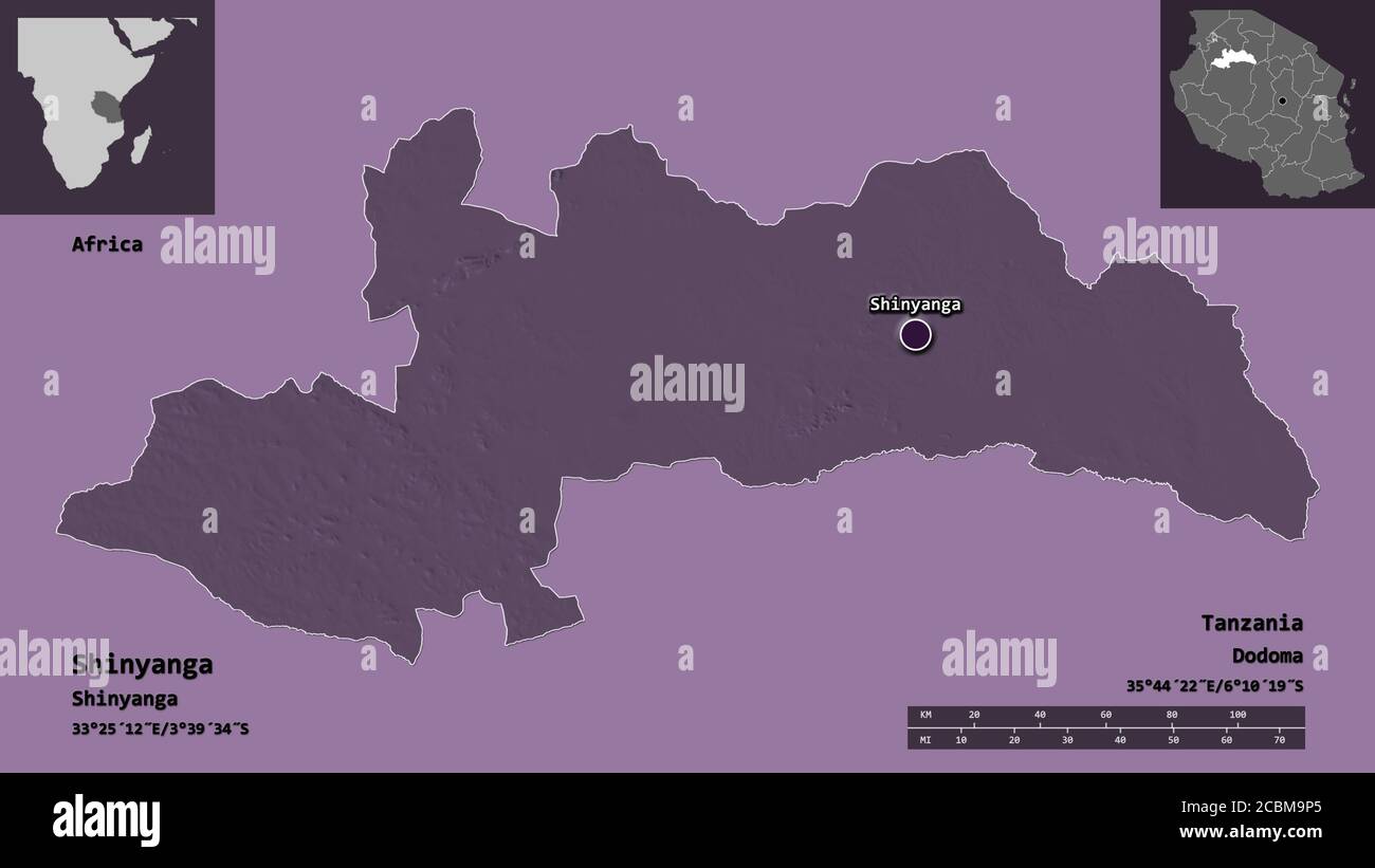 Shape of Shinyanga, region of Tanzania, and its capital. Distance scale ...