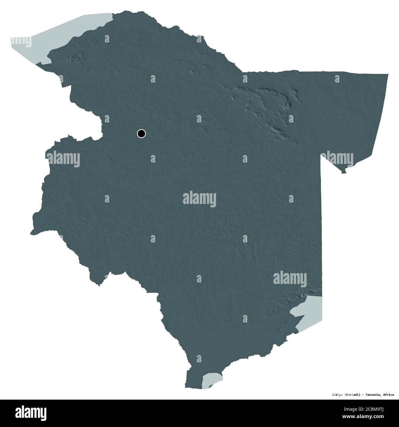 Shape of Simiyu, region of Tanzania, with its capital isolated on white ...