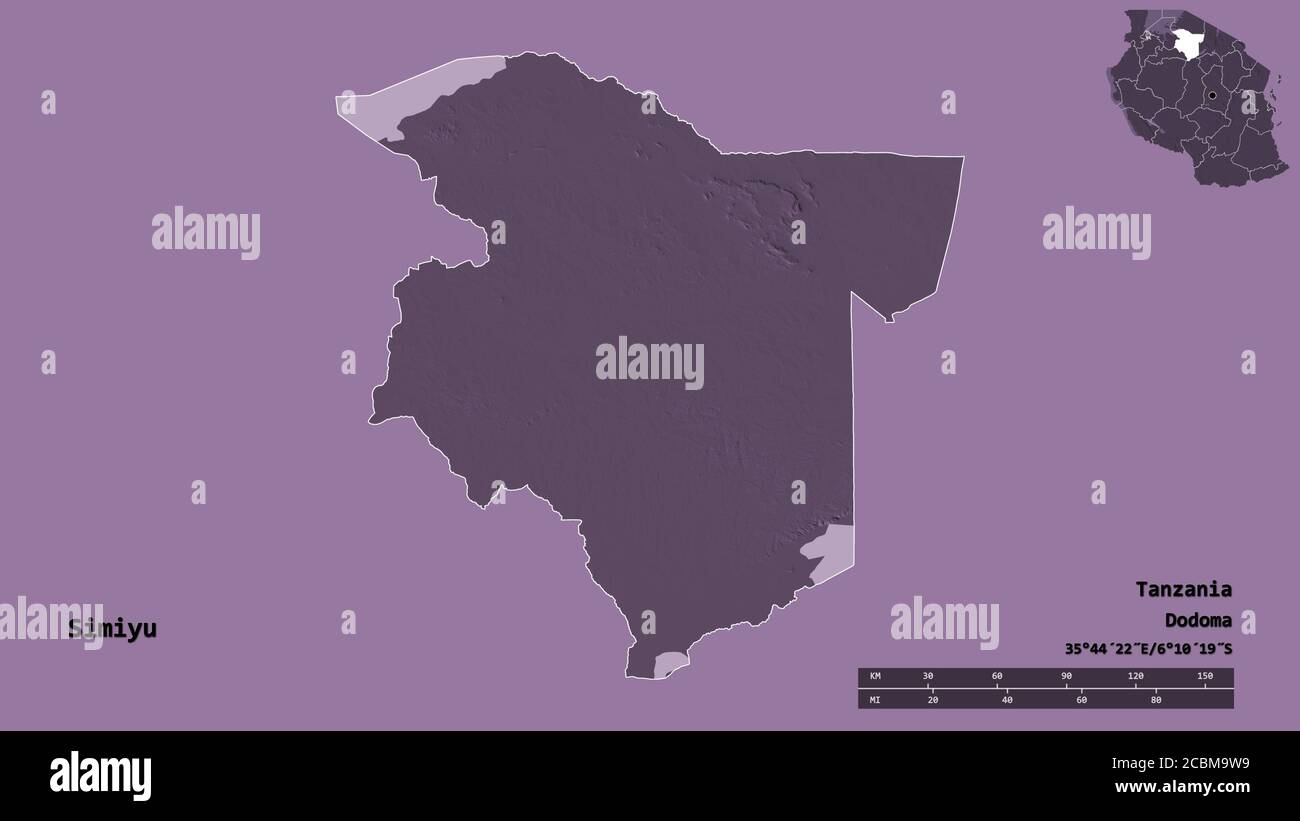 Shape of Simiyu, region of Tanzania, with its capital isolated on solid ...
