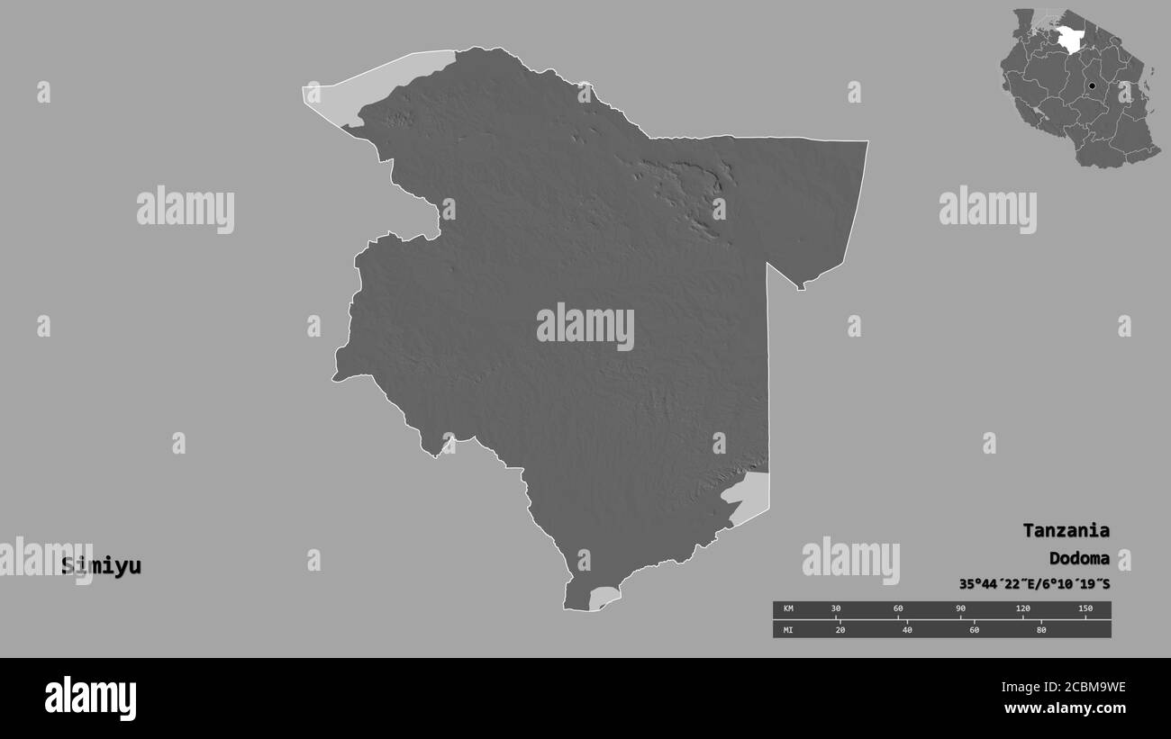 Shape of Simiyu, region of Tanzania, with its capital isolated on solid ...