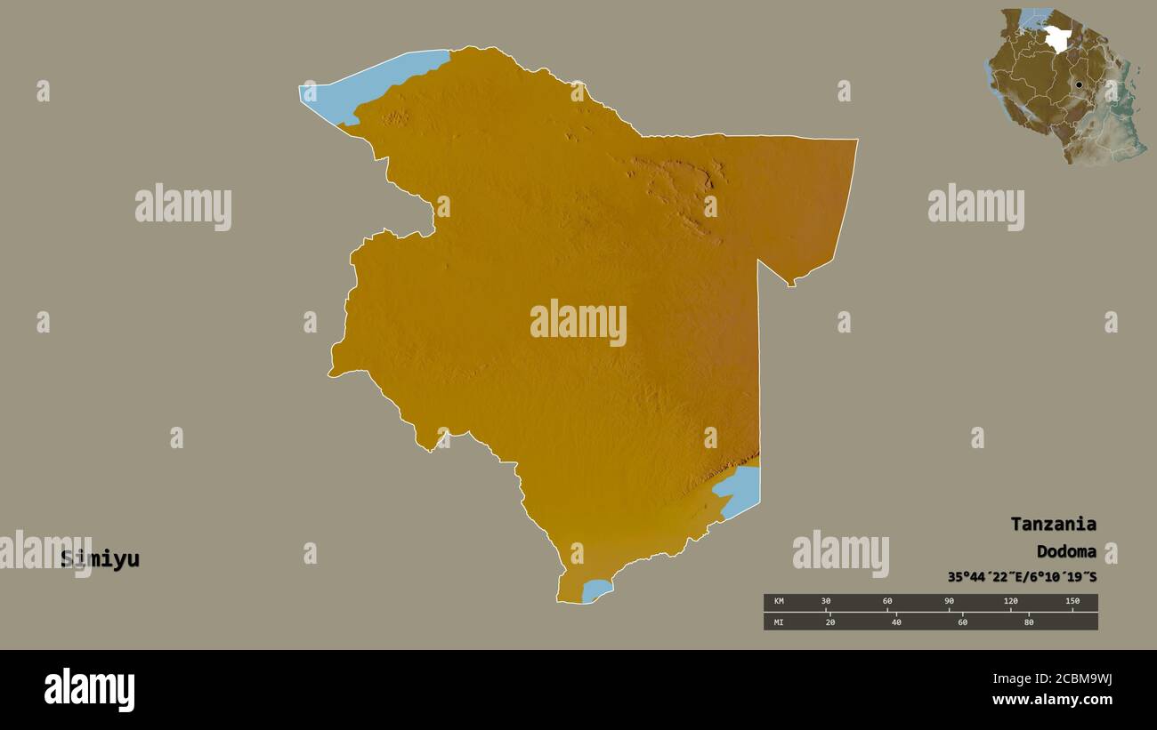 Shape of Simiyu, region of Tanzania, with its capital isolated on solid ...