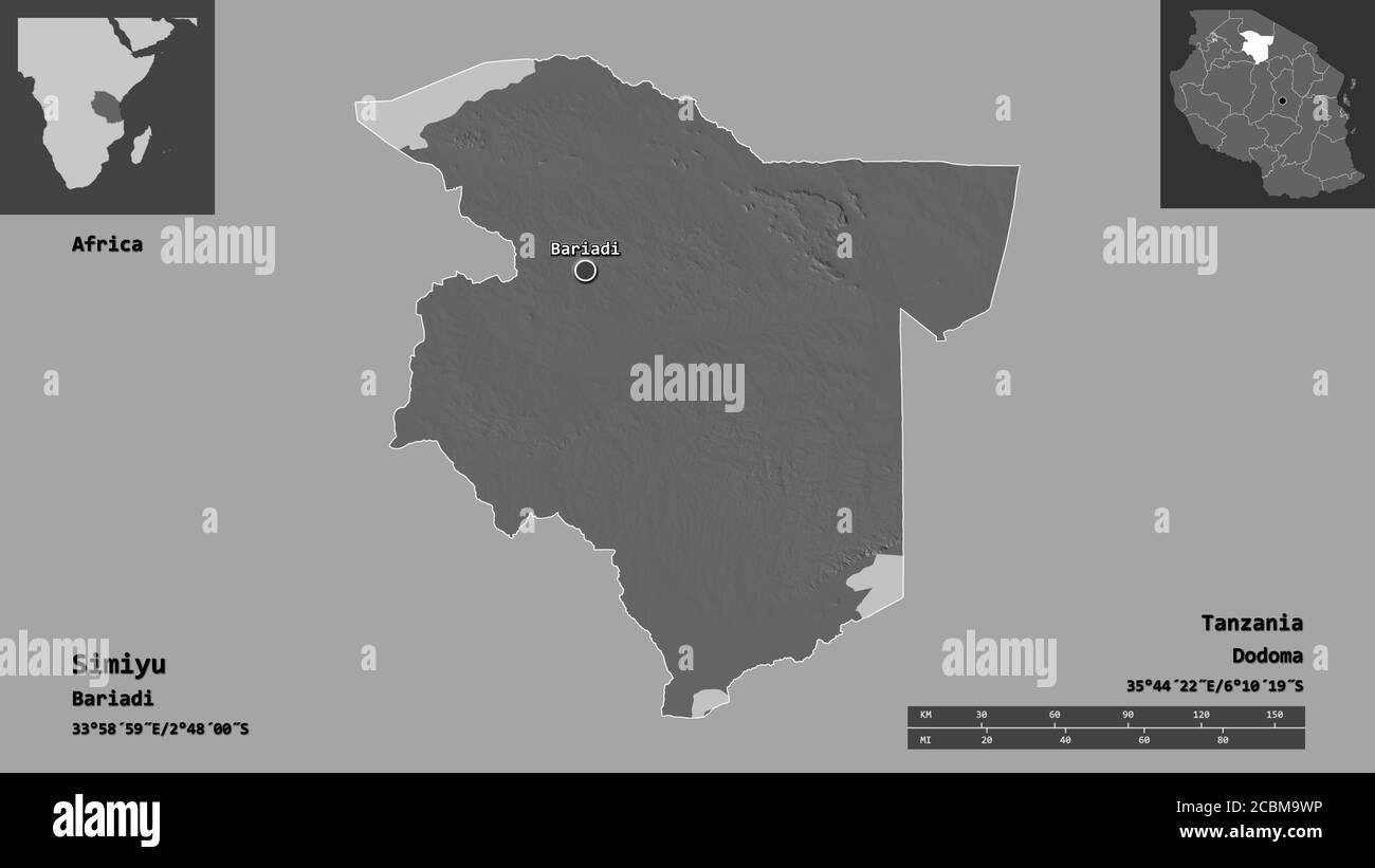 Shape of Simiyu, region of Tanzania, and its capital. Distance scale ...