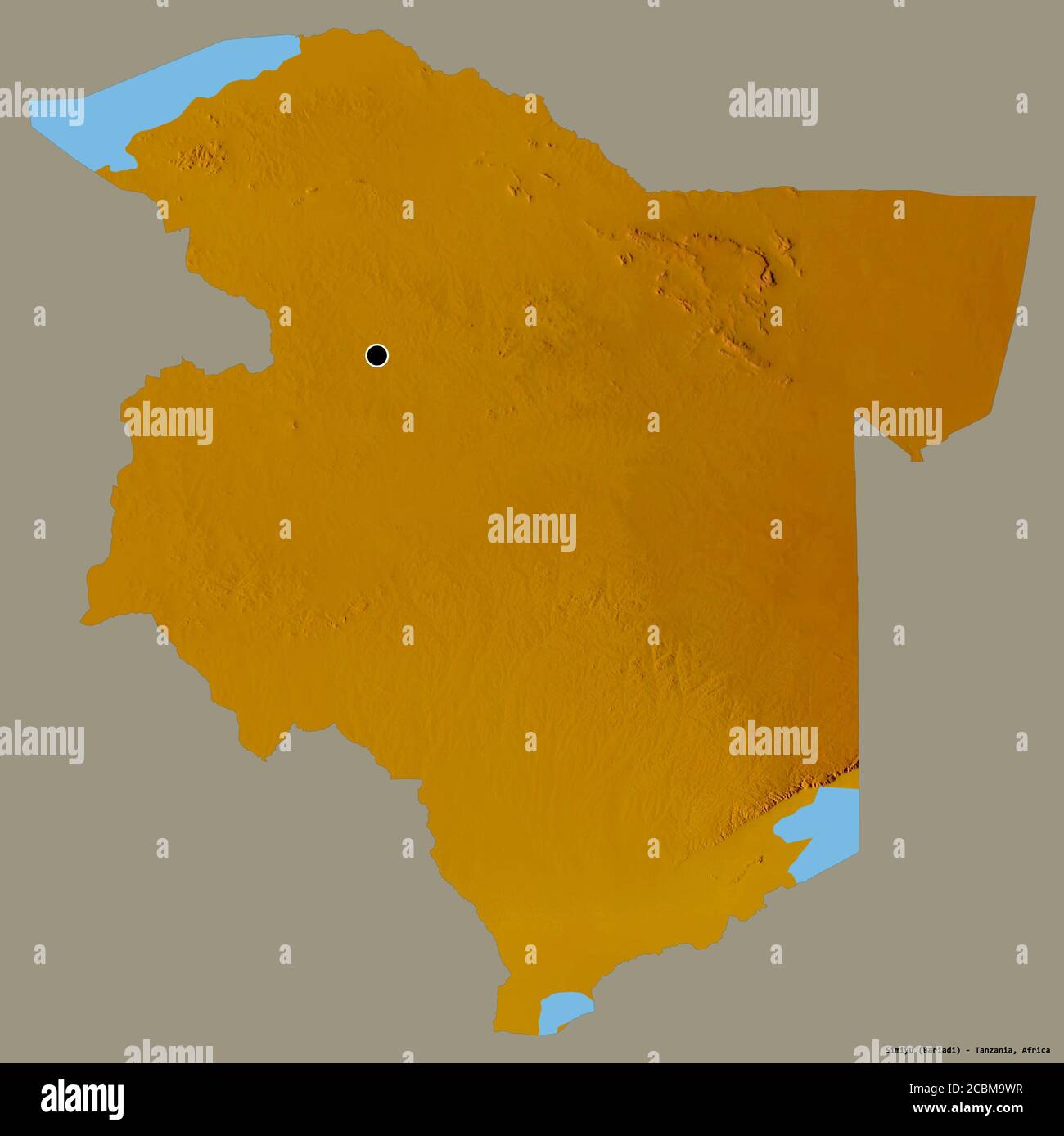 Shape of Simiyu, region of Tanzania, with its capital isolated on a ...