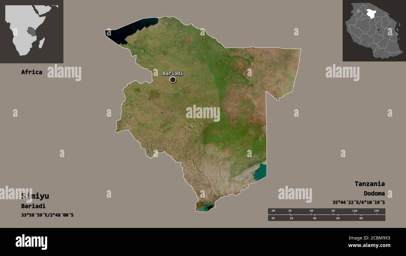 Shape of Simiyu, region of Tanzania, and its capital. Distance scale ...