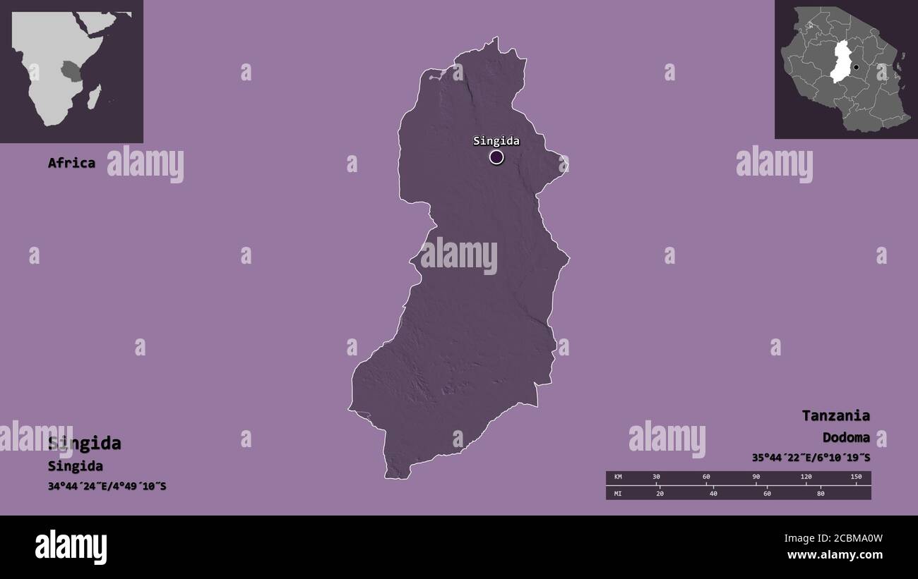 Shape of Singida, region of Tanzania, and its capital. Distance scale ...