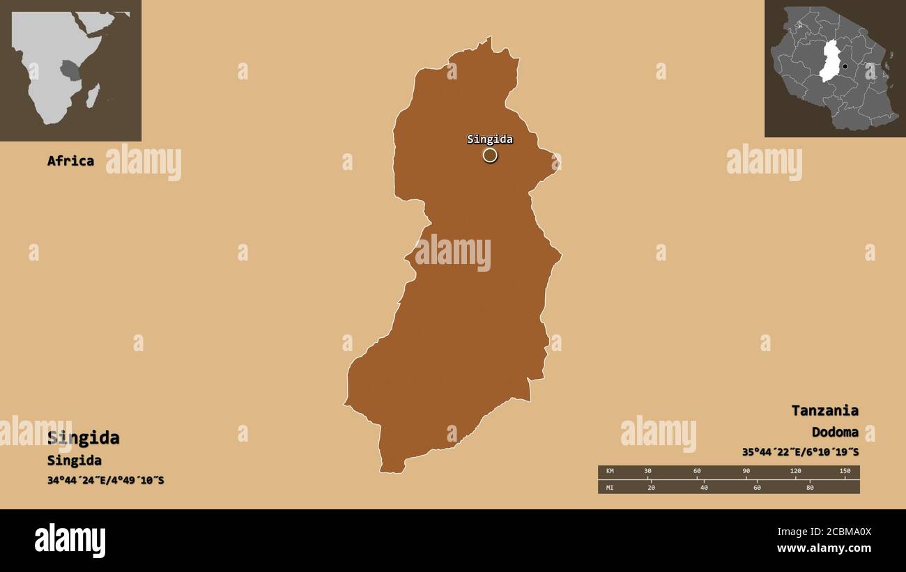 Shape of Singida, region of Tanzania, and its capital. Distance scale ...