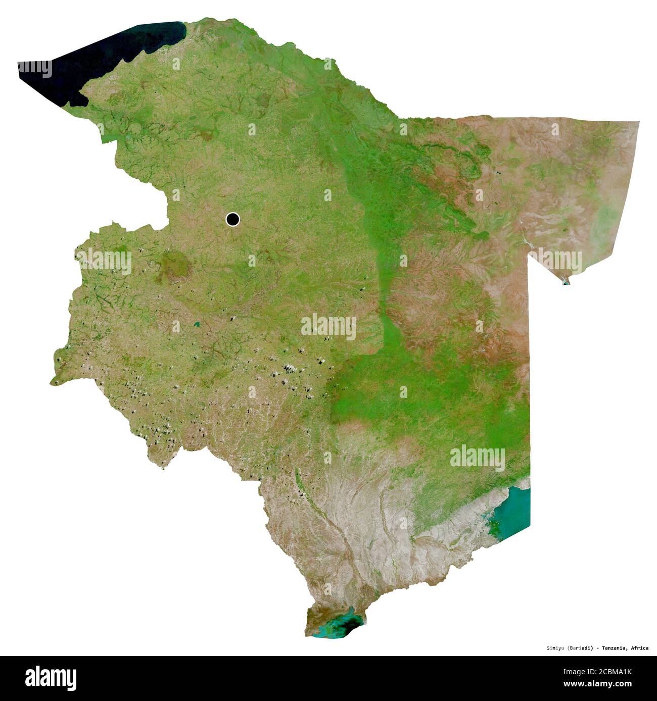 Shape of Simiyu, region of Tanzania, with its capital isolated on white ...