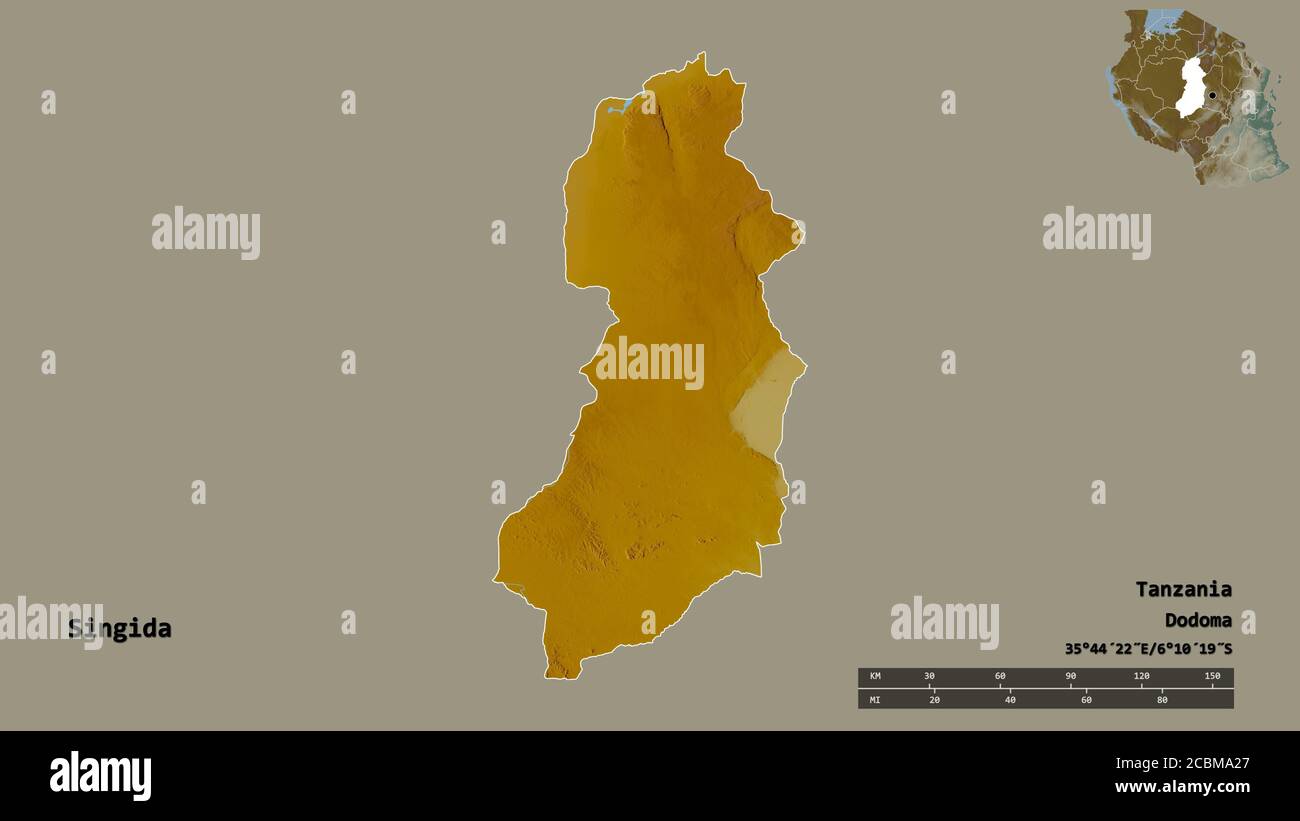 Shape of Singida, region of Tanzania, with its capital isolated on ...