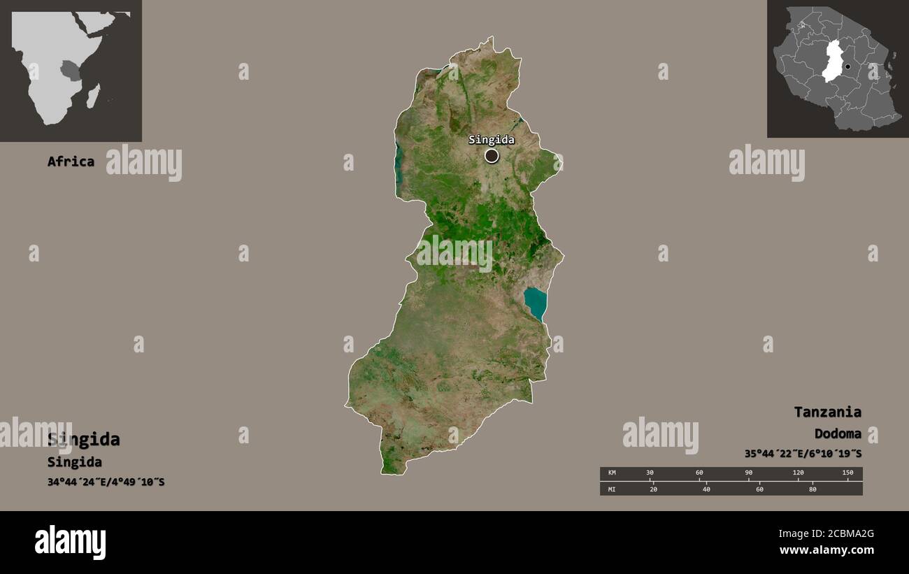 Shape of Singida, region of Tanzania, and its capital. Distance scale ...