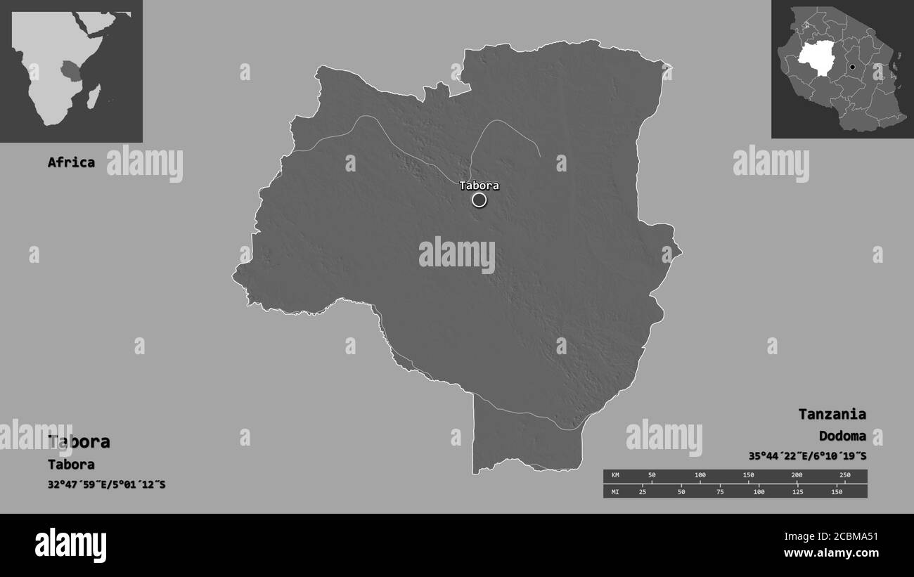 Shape of Tabora, region of Tanzania, and its capital. Distance scale ...
