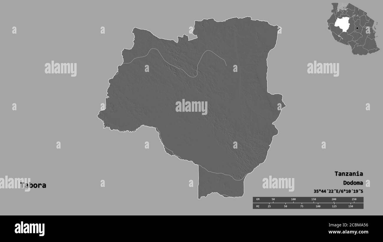 Shape of Tabora, region of Tanzania, with its capital isolated on solid ...