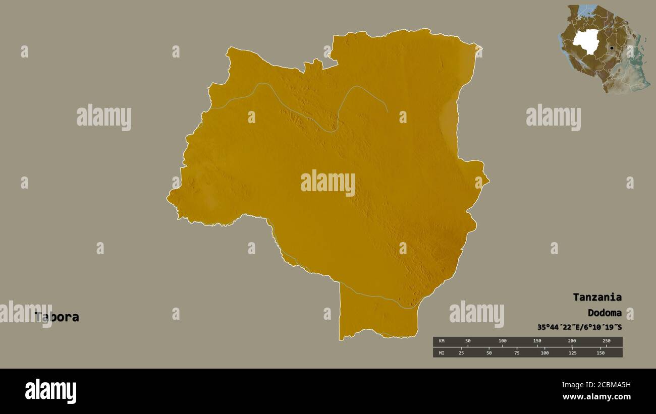 Shape of Tabora, region of Tanzania, with its capital isolated on solid ...
