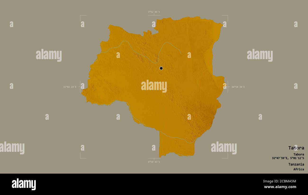 Area of Tabora, region of Tanzania, isolated on a solid background in a ...