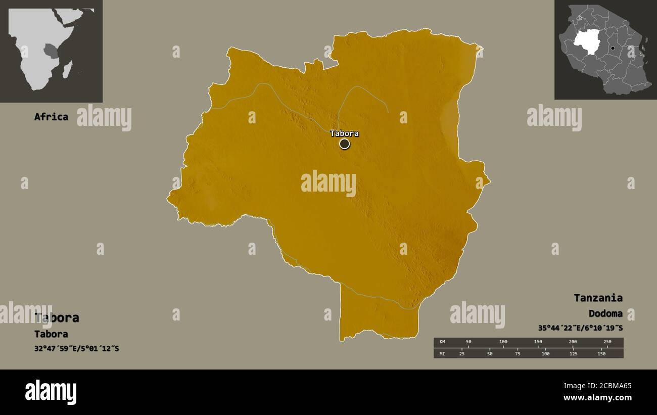 Shape of Tabora, region of Tanzania, and its capital. Distance scale ...