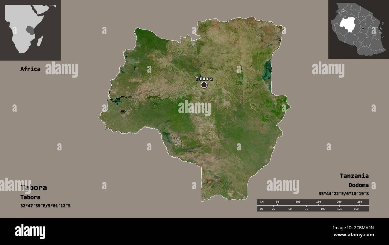Shape of Tabora, region of Tanzania, and its capital. Distance scale ...