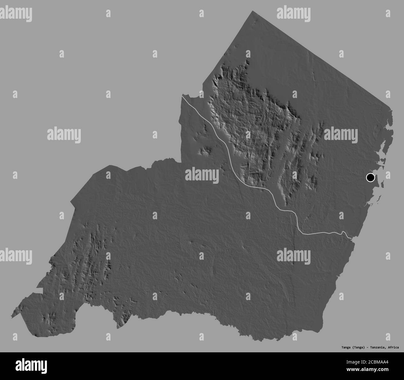 Shape of Tanga, region of Tanzania, with its capital isolated on a ...