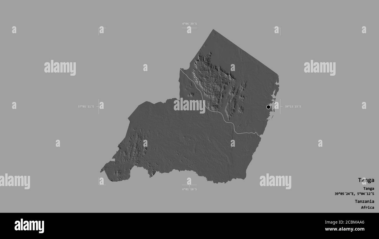 Area of Tanga, region of Tanzania, isolated on a solid background in a ...