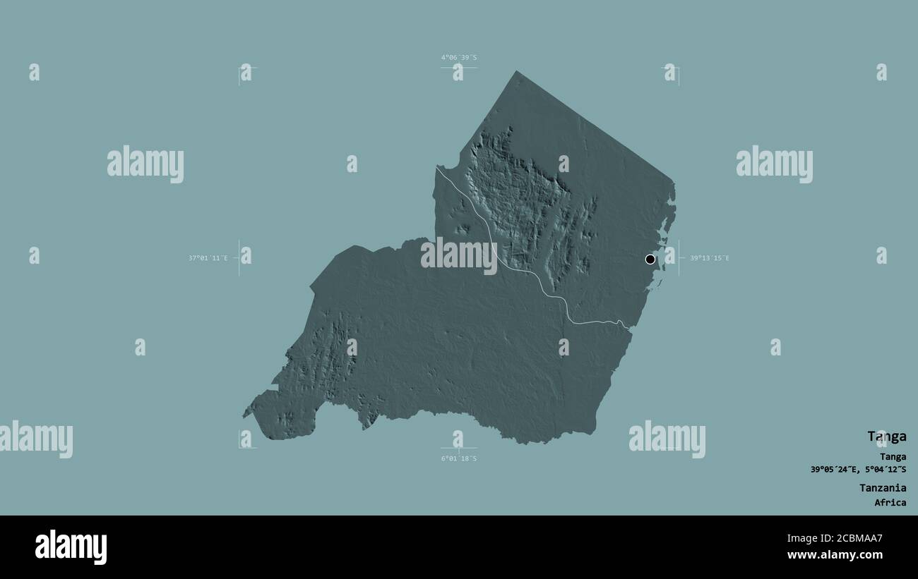 Area of Tanga, region of Tanzania, isolated on a solid background in a ...