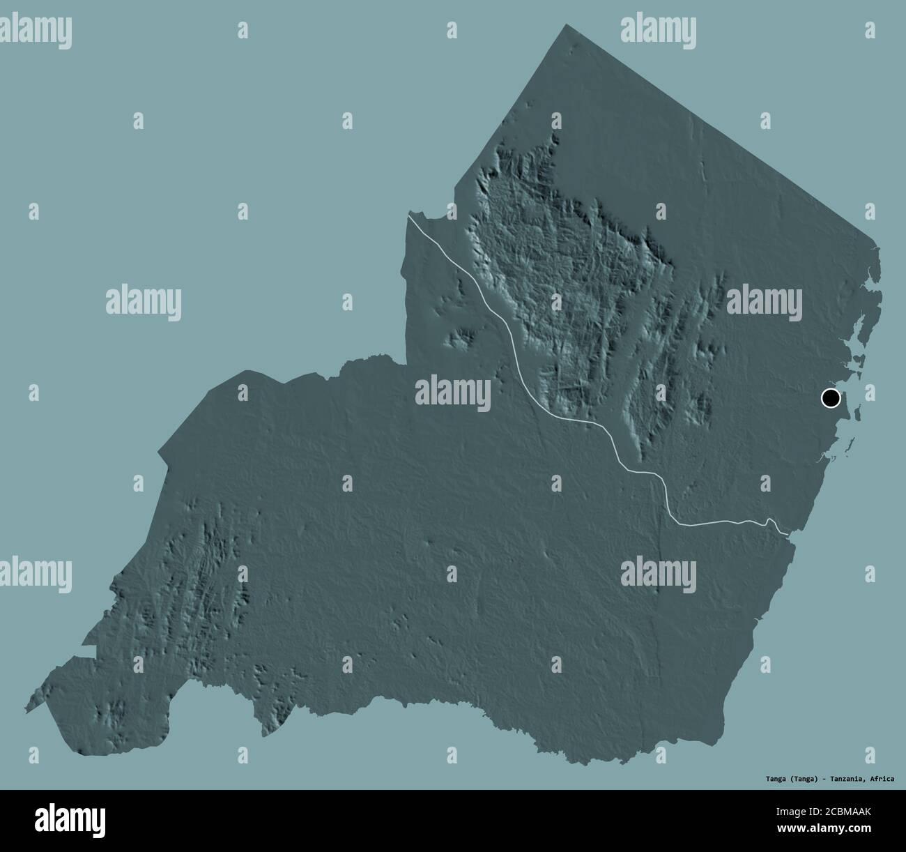 Shape of Tanga, region of Tanzania, with its capital isolated on a ...