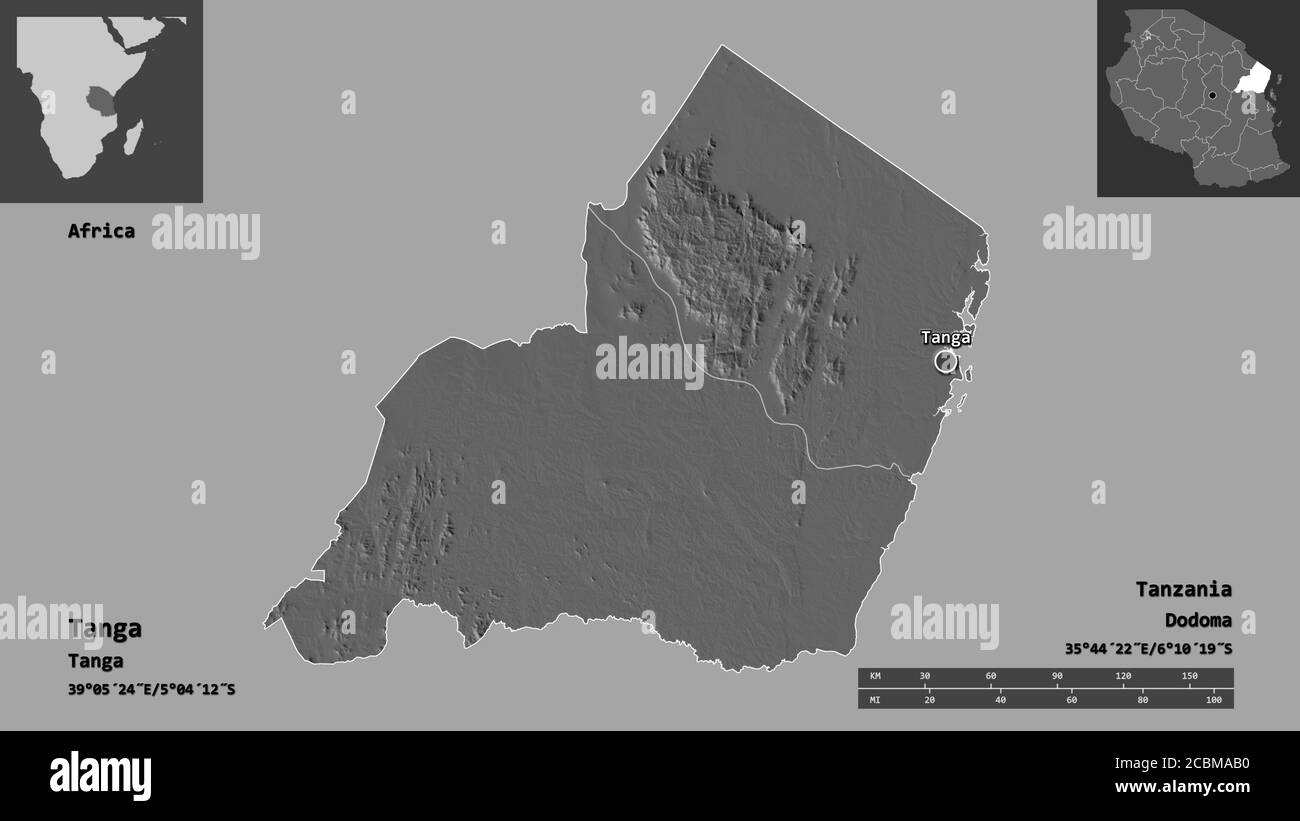 Shape of Tanga, region of Tanzania, and its capital. Distance scale ...
