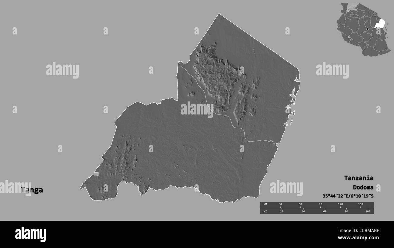 Shape of Tanga, region of Tanzania, with its capital isolated on solid ...