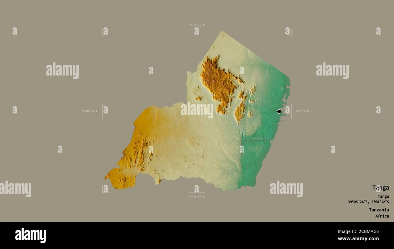 Area of Tanga, region of Tanzania, isolated on a solid background in a ...
