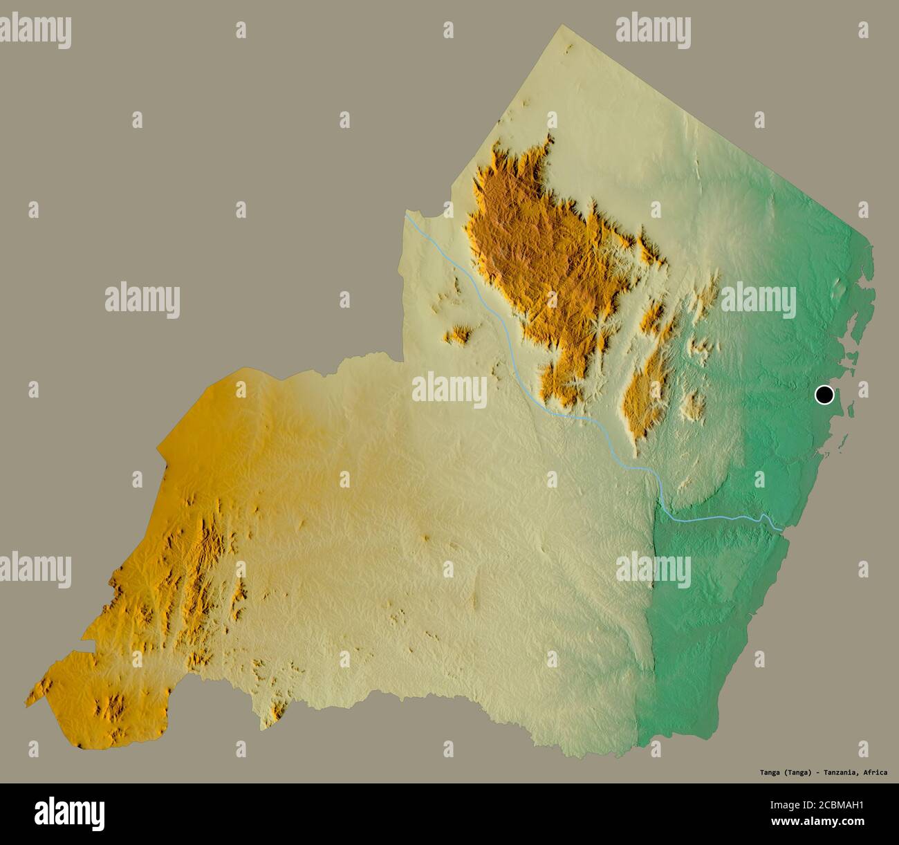 Shape of Tanga, region of Tanzania, with its capital isolated on a ...