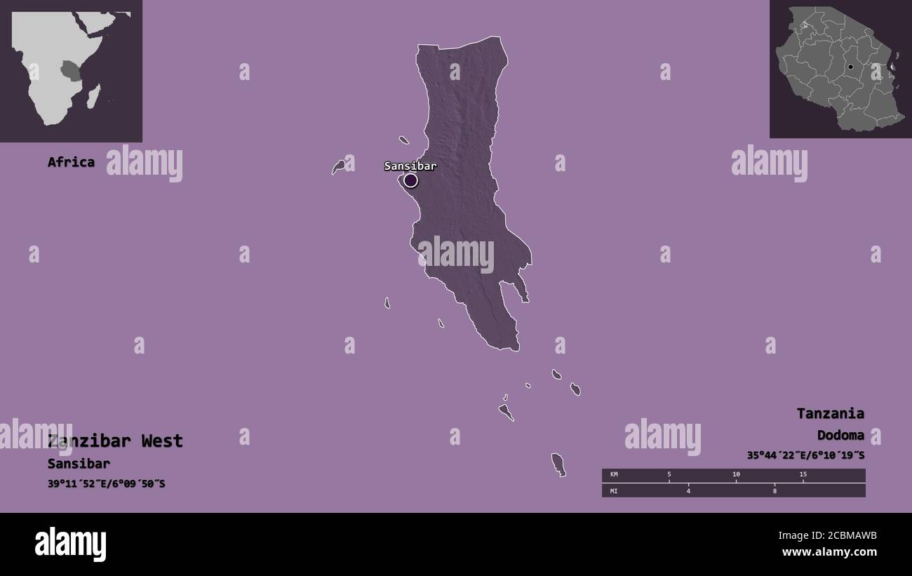 Shape of Zanzibar West, region of Tanzania, and its capital. Distance ...