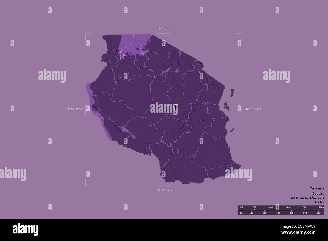 Area of Tanzania isolated on a solid background in a georeferenced ...