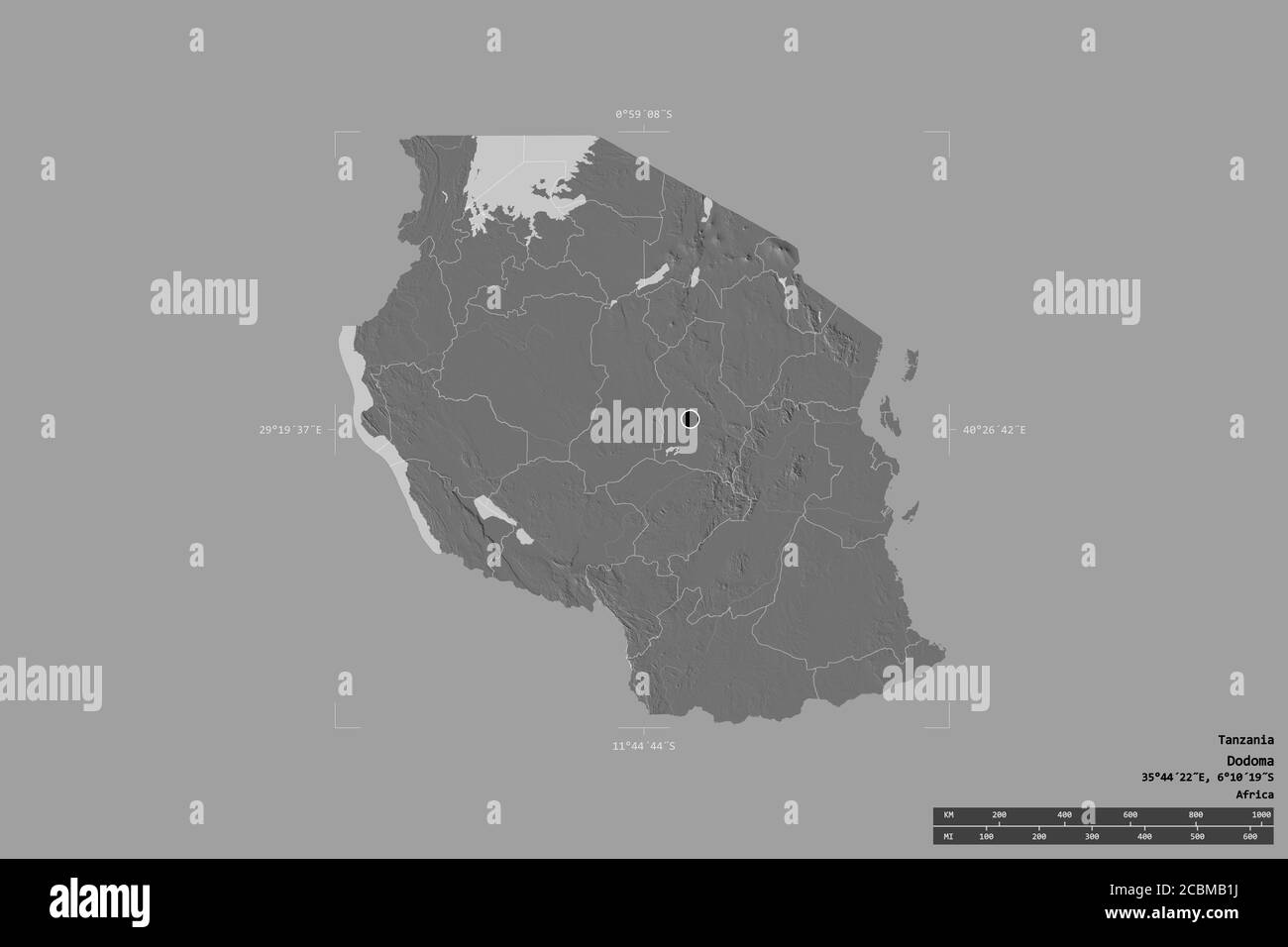 Area of Tanzania isolated on a solid background in a georeferenced ...