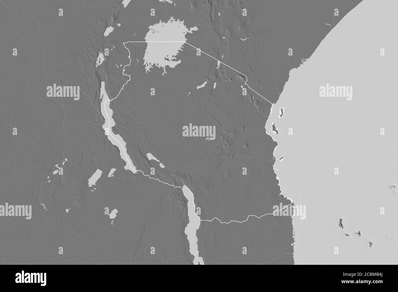 Extended area of outlined Tanzania. Bilevel elevation map. 3D rendering ...