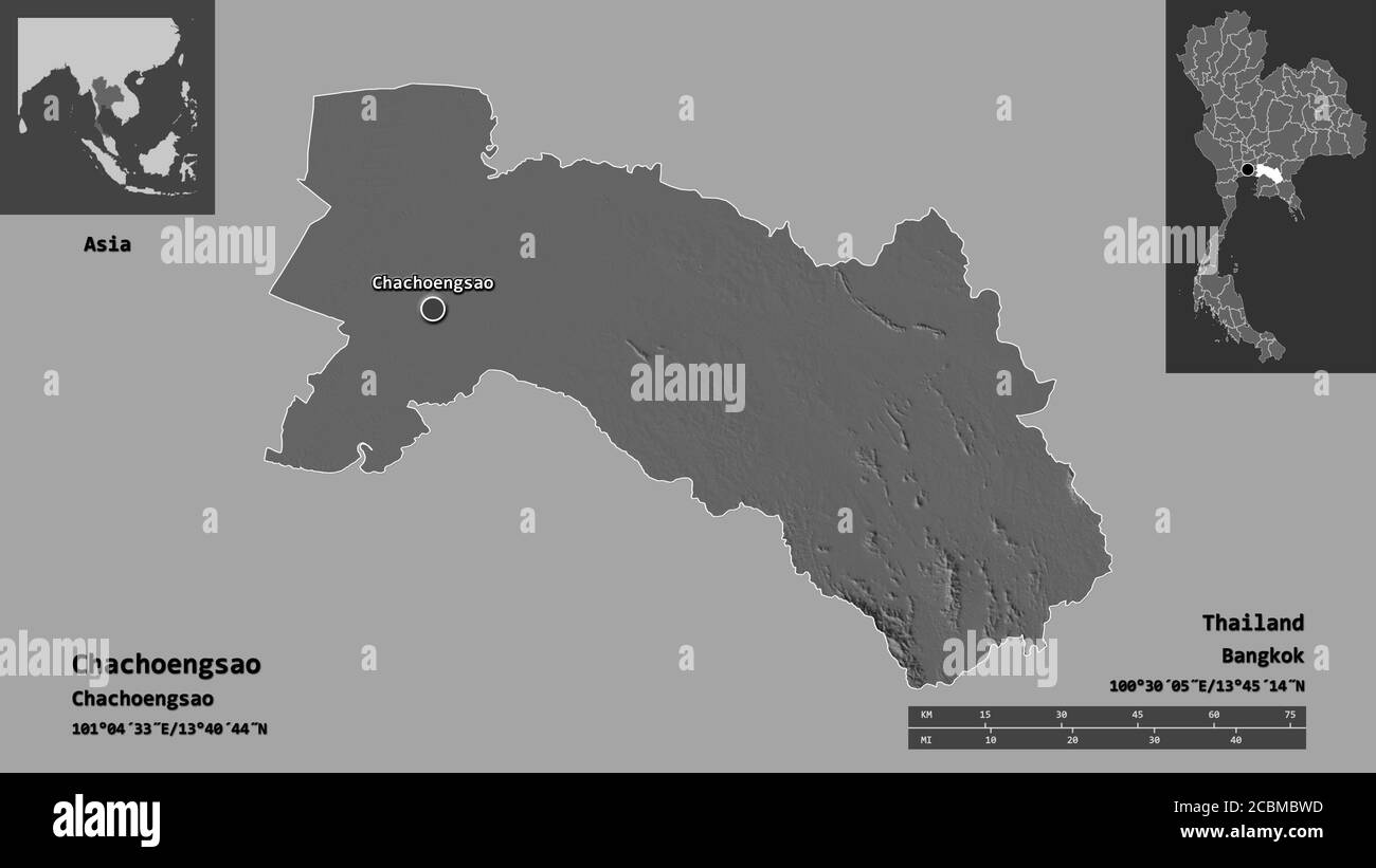 Shape of Chachoengsao, province of Thailand, and its capital. Distance ...