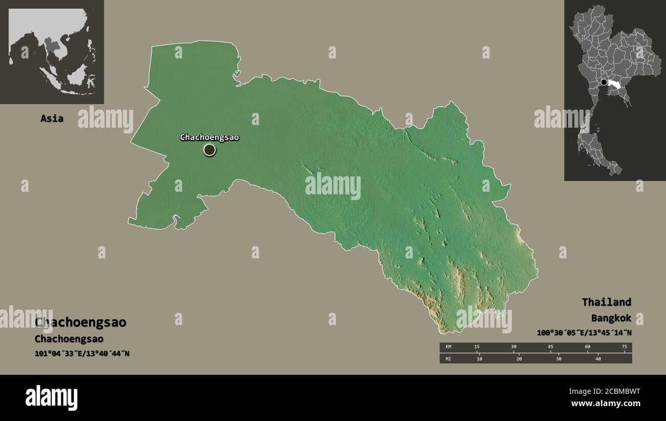 Shape of Chachoengsao, province of Thailand, and its capital. Distance ...