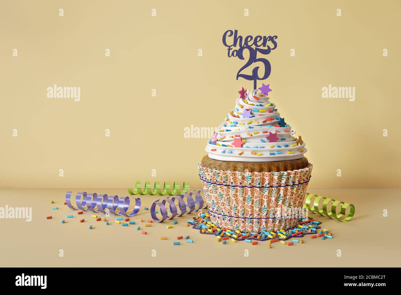 3D rendering of cupcake, text Cheers to 25 on a topper, yellow ...