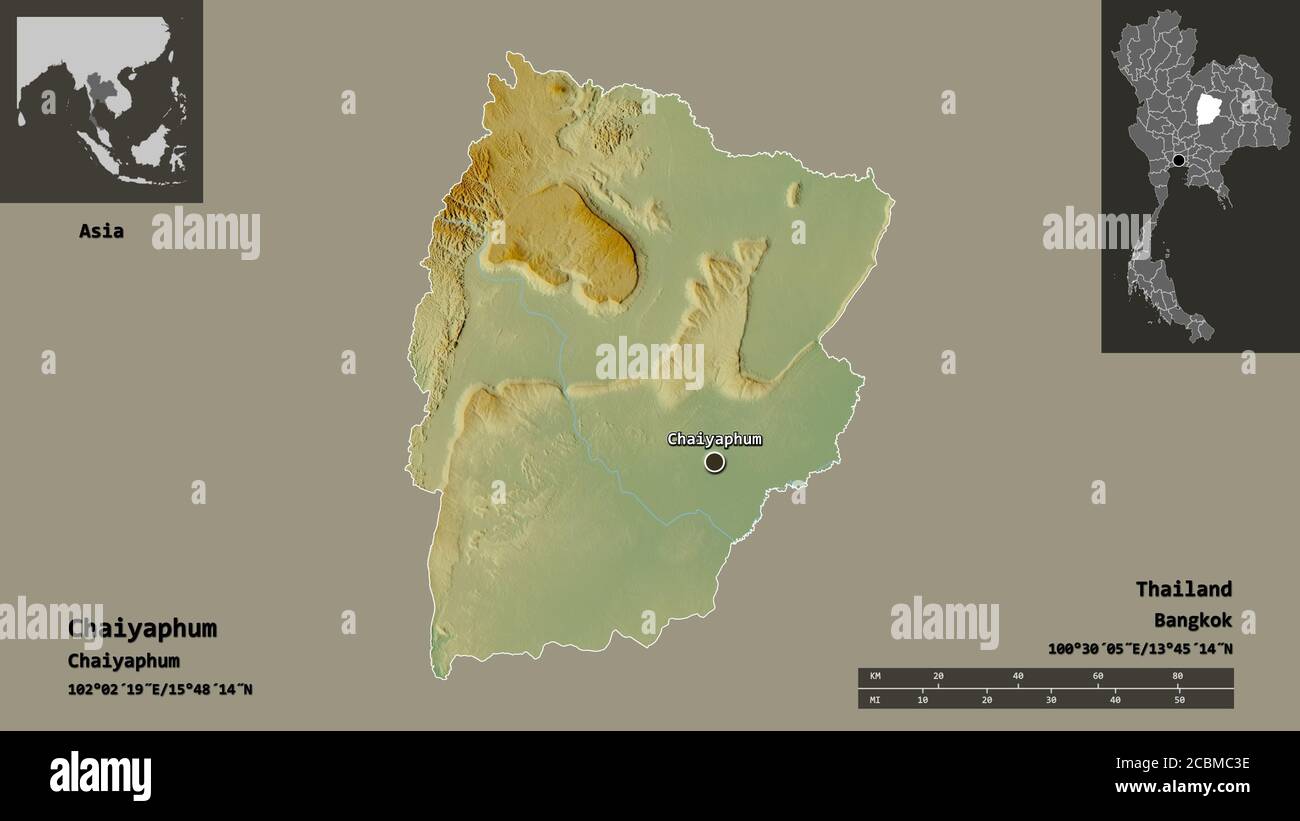 Shape of Chaiyaphum, province of Thailand, and its capital. Distance ...
