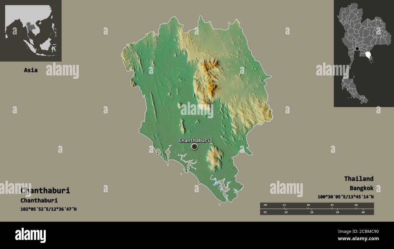 Shape of Chanthaburi, province of Thailand, and its capital. Distance ...
