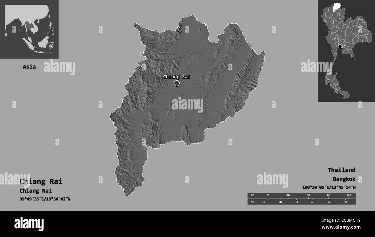 Shape of Chiang Rai, province of Thailand, and its capital. Distance ...