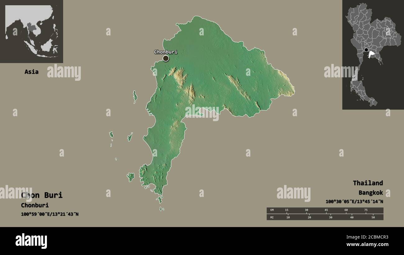 Shape of Chon Buri, province of Thailand, and its capital. Distance ...