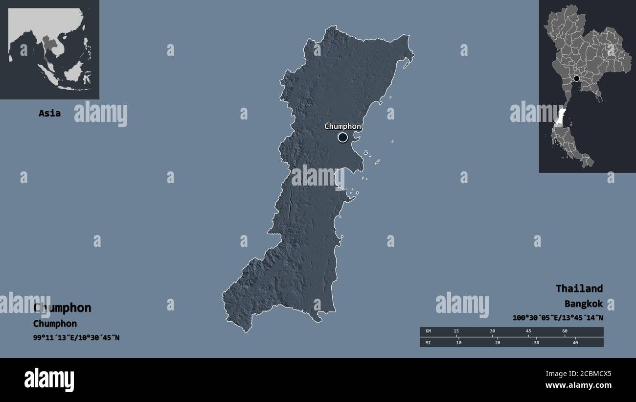 Shape of Chumphon, province of Thailand, and its capital. Distance ...