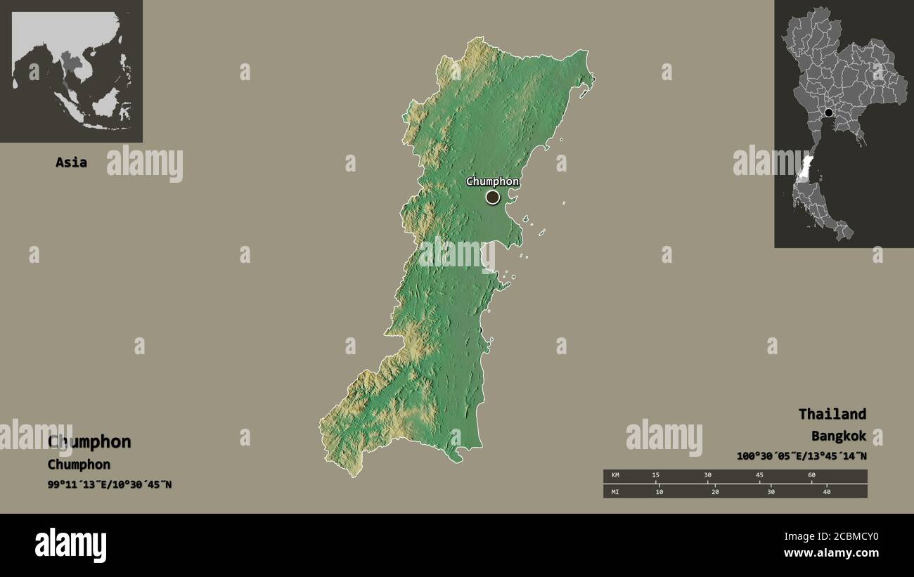Shape of Chumphon, province of Thailand, and its capital. Distance ...
