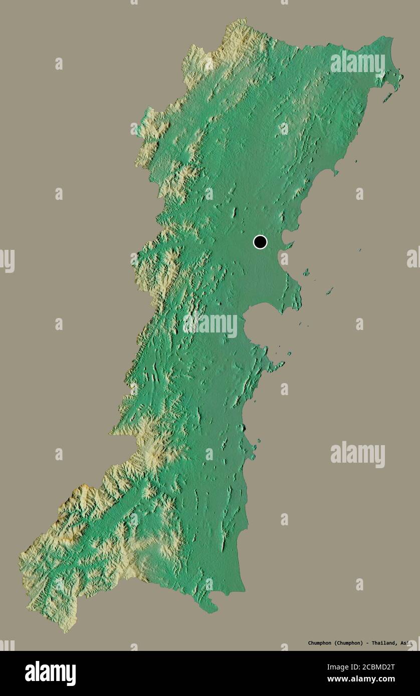 Shape of Chumphon, province of Thailand, with its capital isolated on a ...