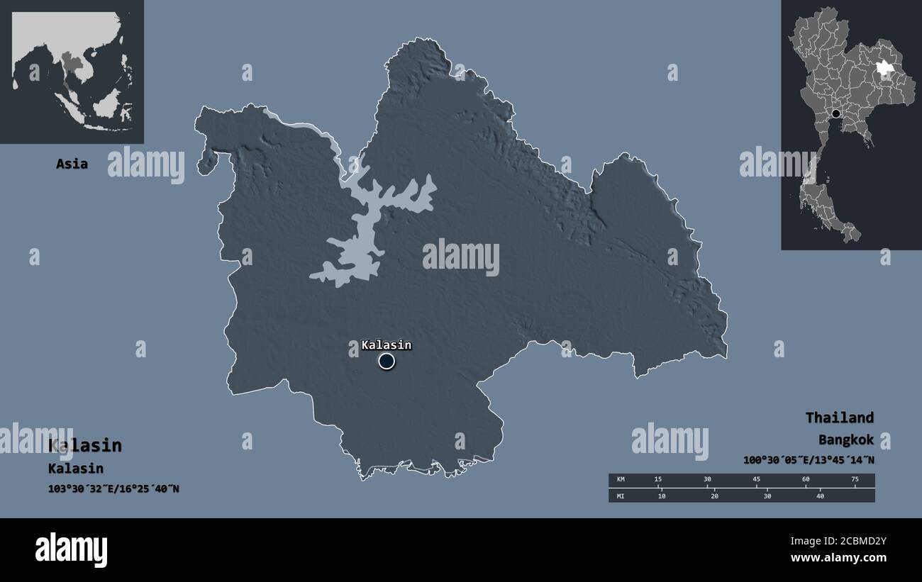 Shape of Kalasin, province of Thailand, and its capital. Distance scale ...