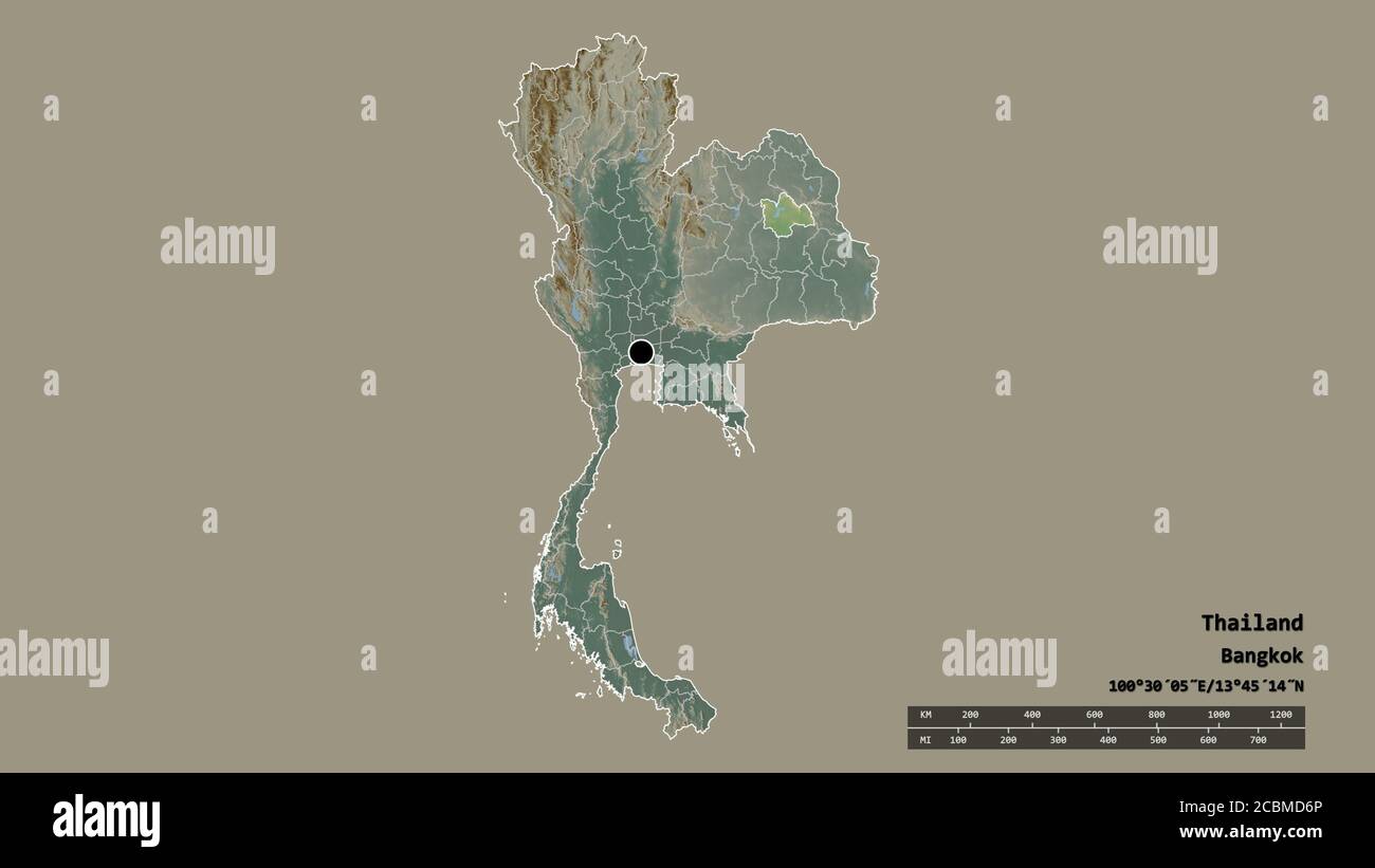 Desaturated shape of Thailand with its capital, main regional division ...