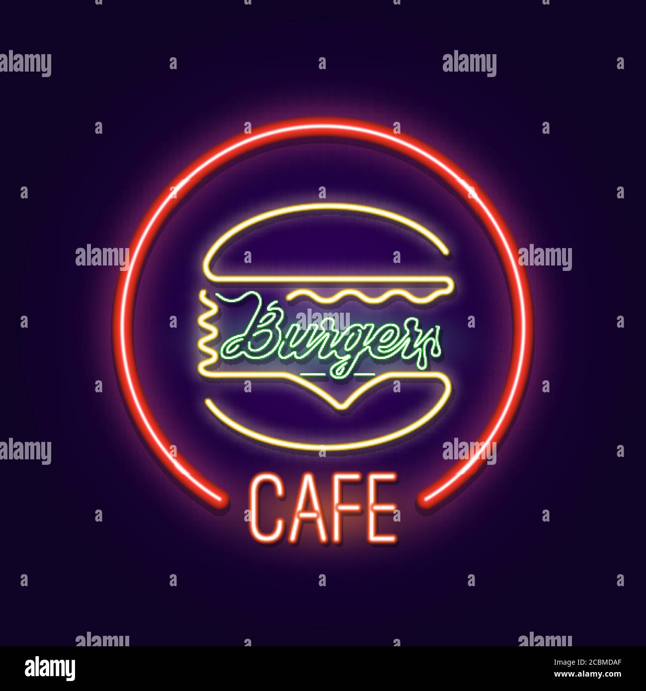 Cafe. Burger. Fast food. The shining neon sign in a retro style ...
