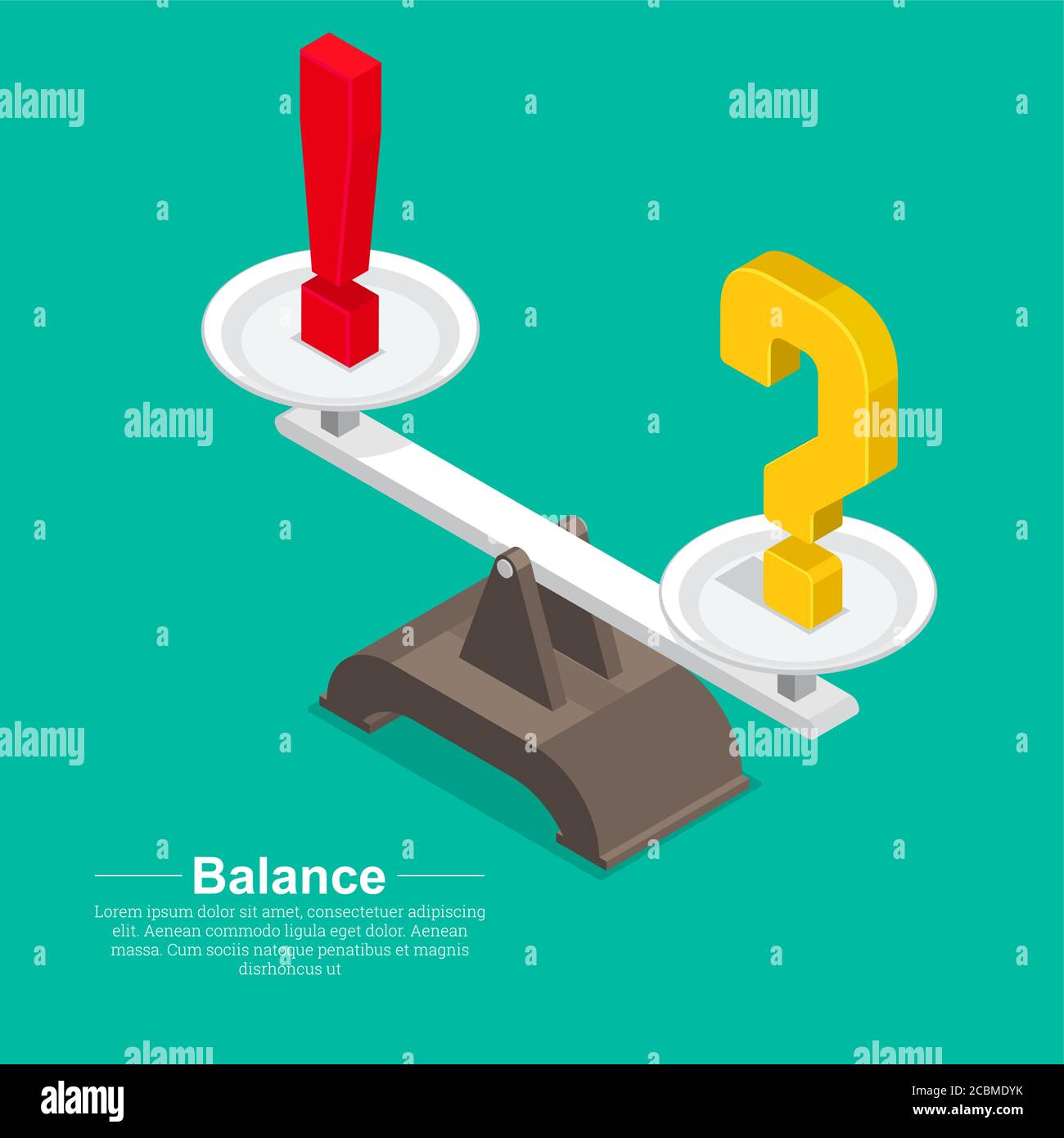 Question mark and exclamatory on a bowl of scales.Concept of balance of ...